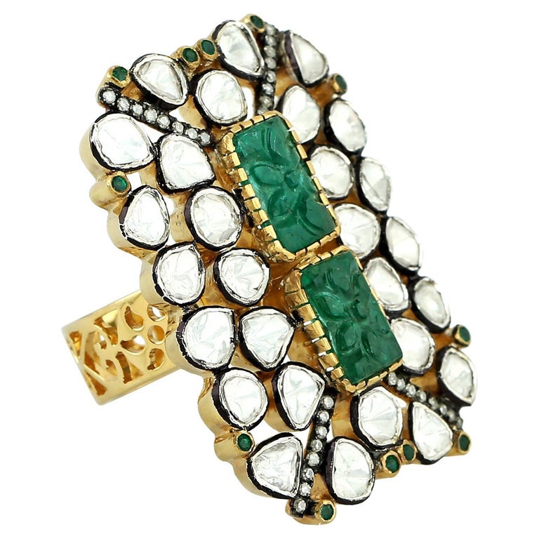 Carved Emerald Ring Surrounded by Rose Cut Diamods with Filigree Shank ...