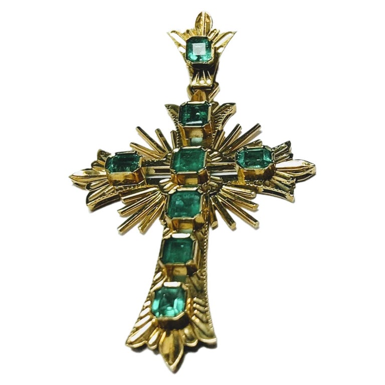 Emerald Cross Colonial Style Yellow Gold 18 Karat at 1stDibs