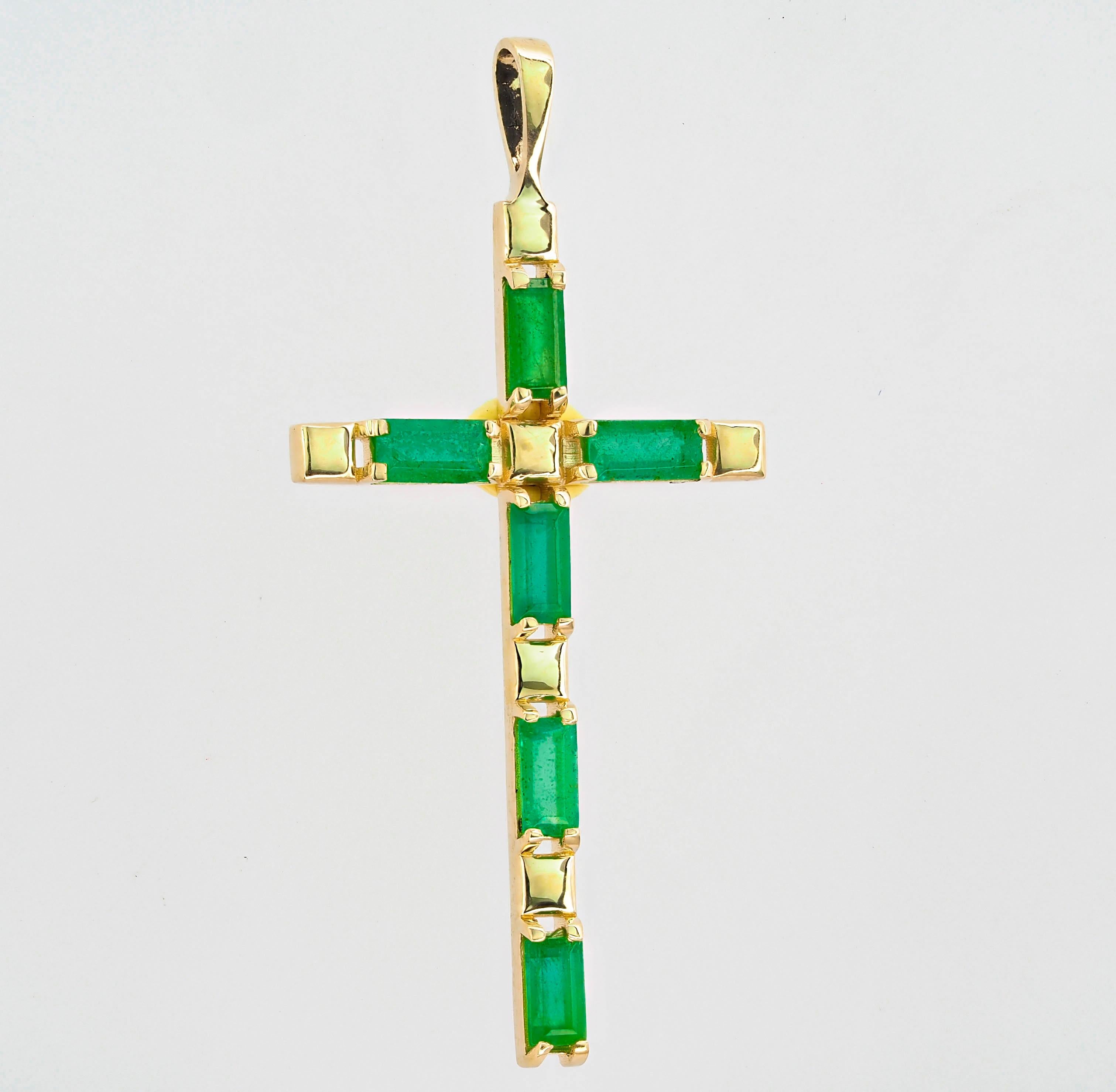 Emerald Cross Pendant in 14k Gold, Baguette Emerald Cross For Sale at ...