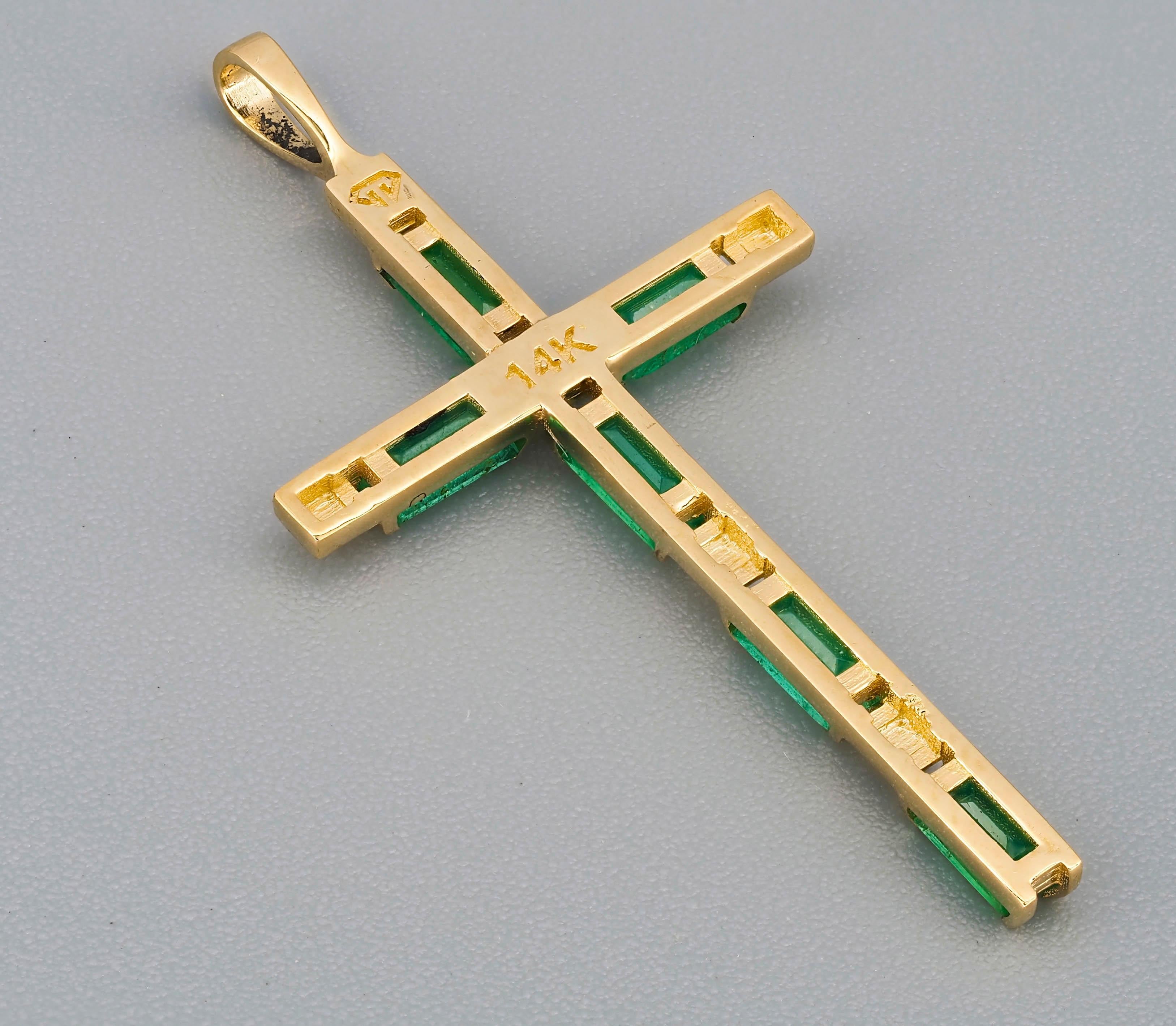 Emerald Cross Pendant in 14k Gold, Baguette Emerald Cross For Sale at ...