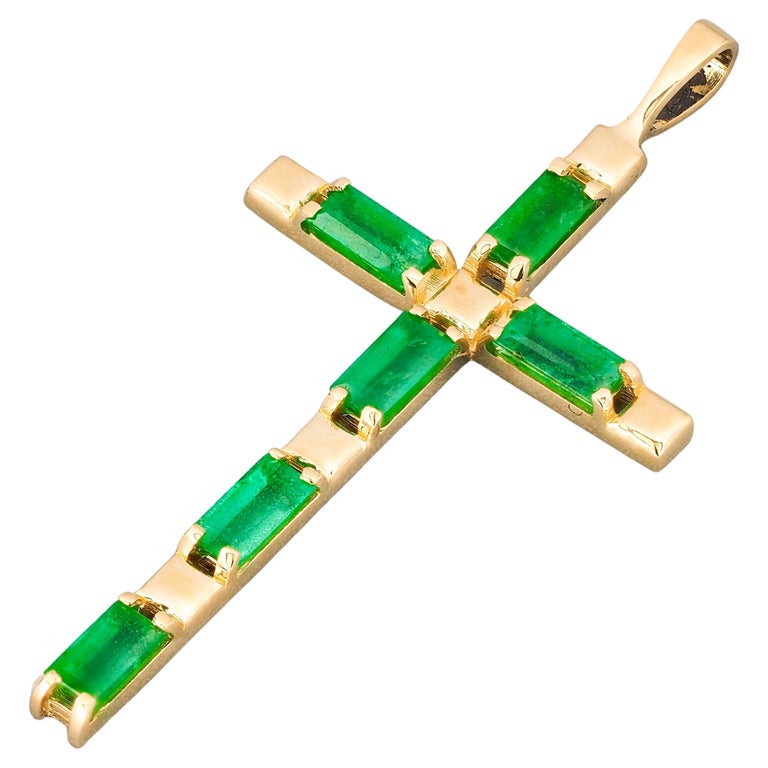 Emerald Cross Pendant in 14k Gold, Baguette Emerald Cross For Sale at ...