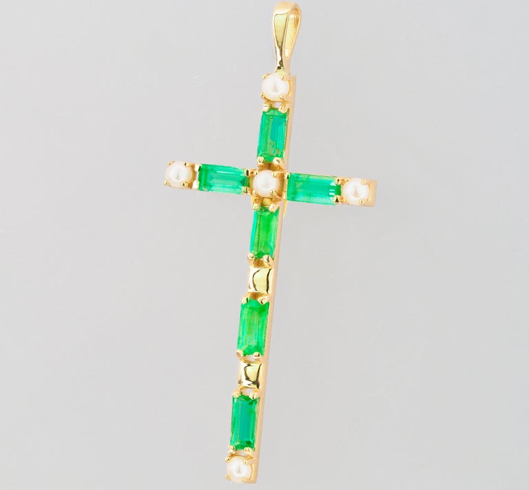 Emerald Cross Pendant in 14k Gold, Baguette Emerald Cross with Pearls ...