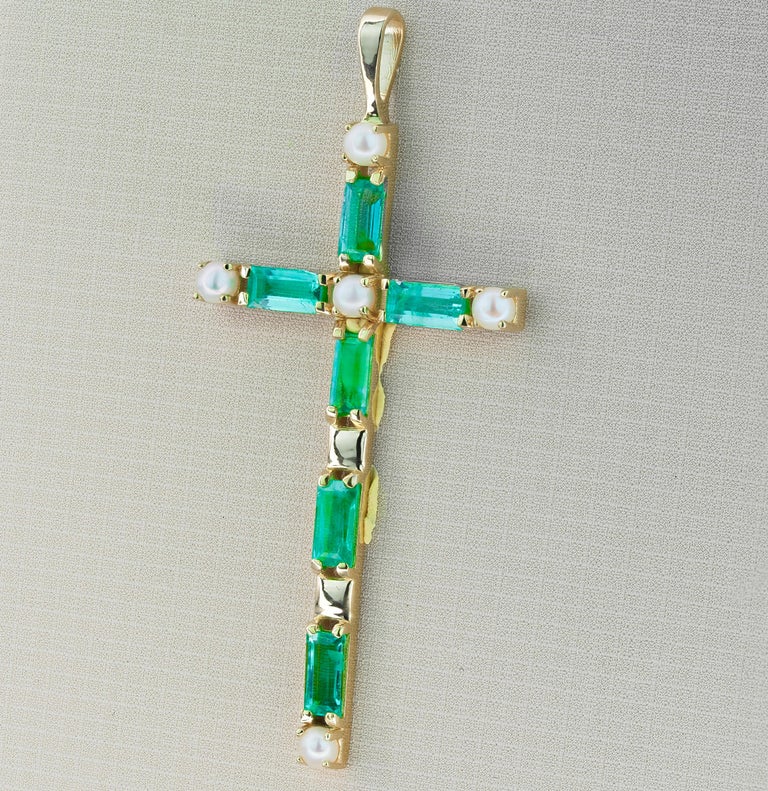 Emerald Cross Pendant in 14k Gold, Baguette Emerald Cross with Pearls ...