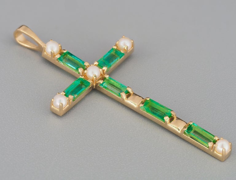 Emerald Cross Pendant in 14k Gold, Baguette Emerald Cross with Pearls ...