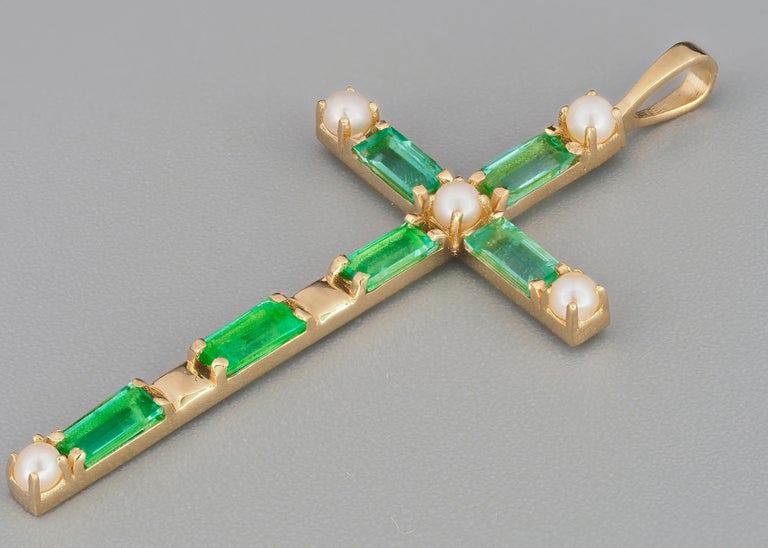 Emerald Cross Pendant in 14k Gold, Baguette Emerald Cross with Pearls ...