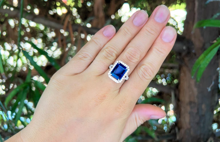 Emerald Cut 6.50 Carat Kyanite Ring with Diamond Halo 1.60 Carats Total ...