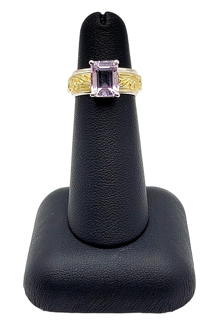 Emerald Cut Amethyst Solitaire Ring with Ornate Engraved Band in 18 ...