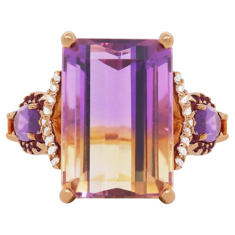 Emerald Cut Bicolor Ametrine Amethyst Ring White Diamond 14K Yellow ...