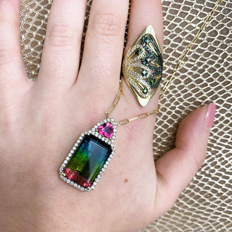 Emerald Cut Bicolored Pink Tourmaline Paperclip Chain Fashion Pendant ...