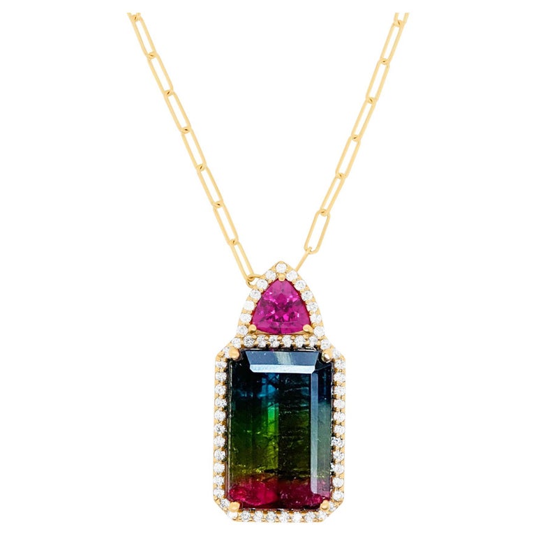 Emerald Cut Bicolored Pink Tourmaline Paperclip Chain Pendant For Sale ...