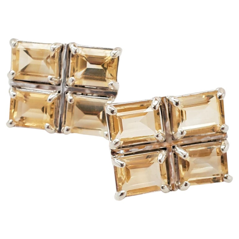 Emerald Cut Citrine Grid Stud Earrings in Sterling Silver For Sale at ...