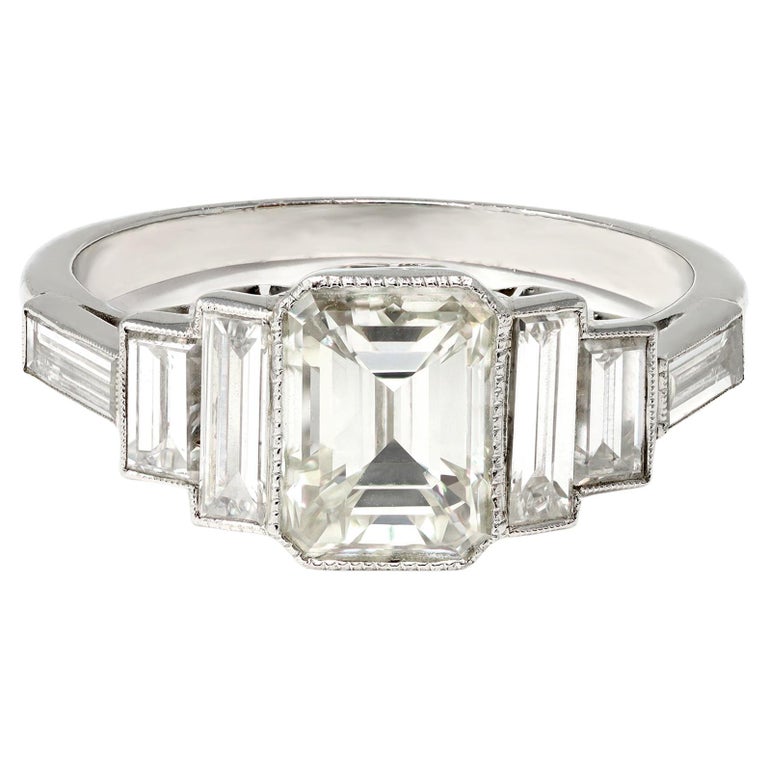Emerald-Cut Diamond Ring with Side Baguettes Set in Platinum For Sale ...