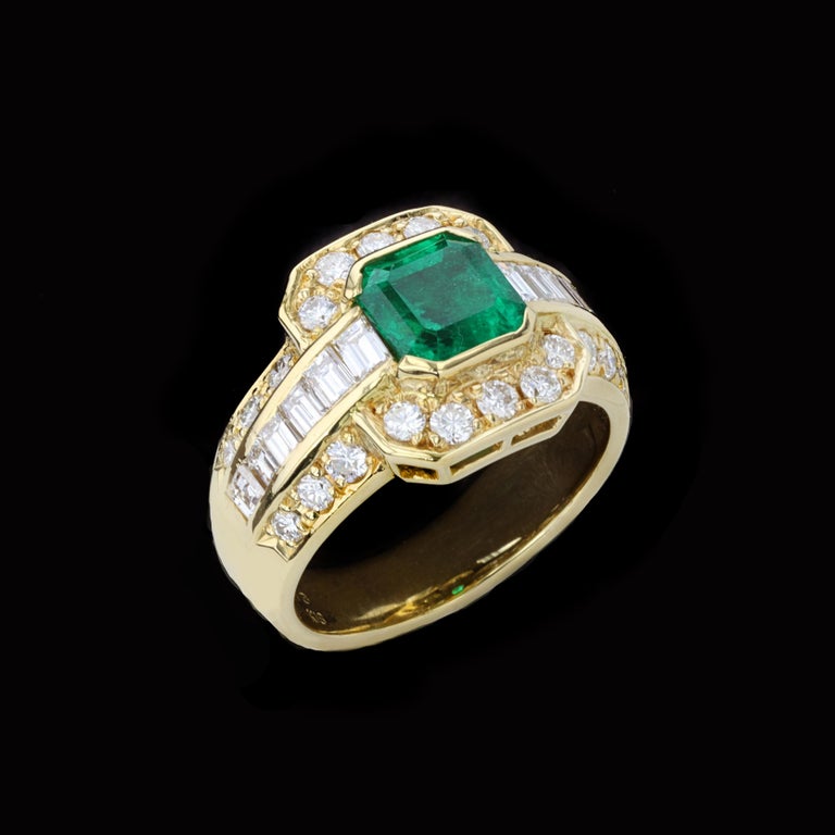 Emerald Cut Emerald and Diamond 18k Yellow Gold Estate Ring For Sale at ...