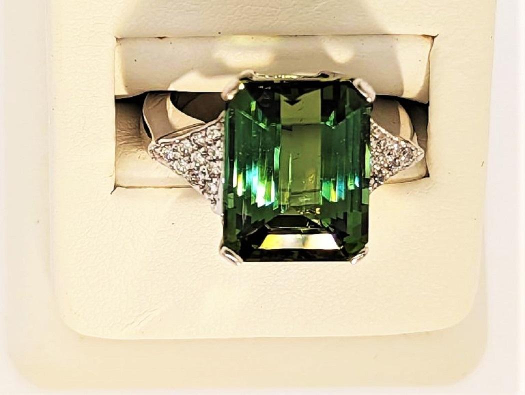 Emerald Cut Green Tourmaline (11.04 cts) and Diamond (20=0.18 cts) Ring ...