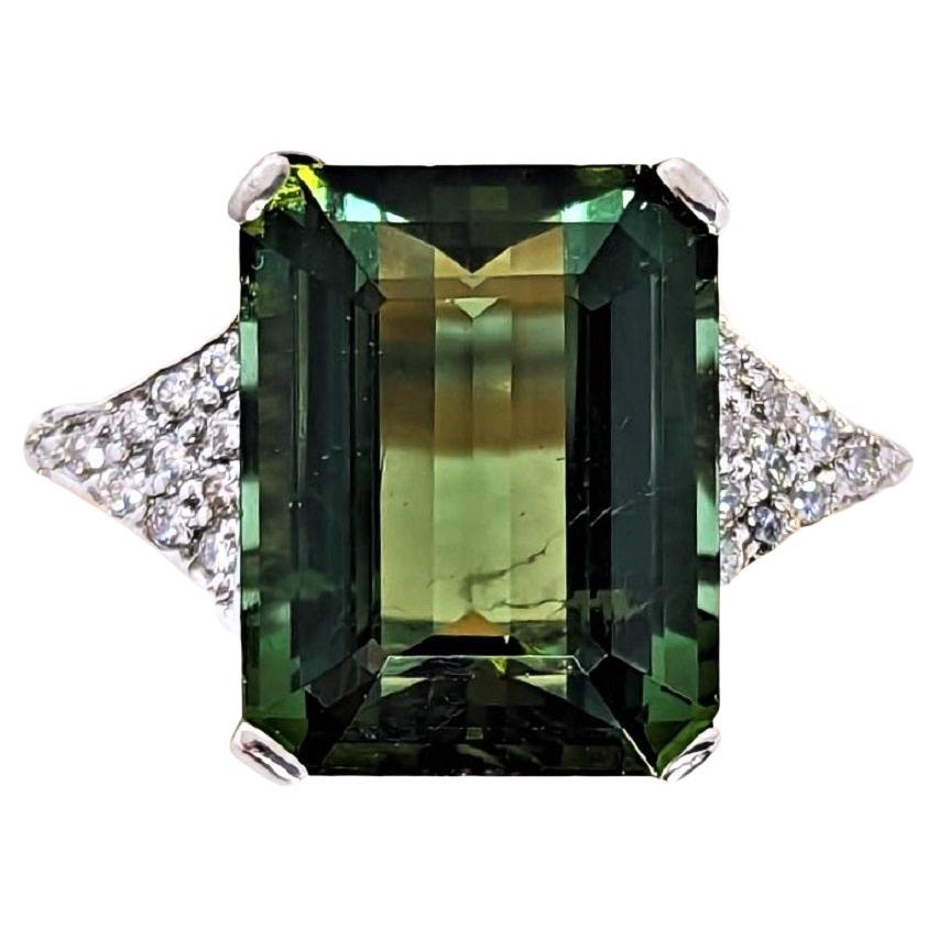 Emerald Cut Green Tourmaline (11.04 cts) and Diamond (20=0.18 cts) Ring ...