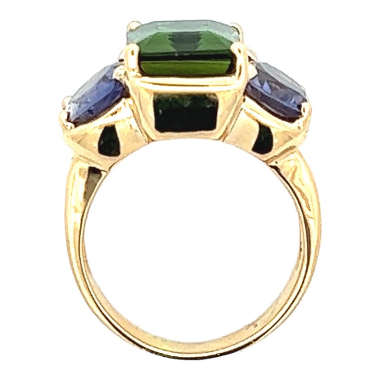 Emerald Cut Green Tourmaline Tanzanite 18 Karat Yellow Gold Cocktail ...