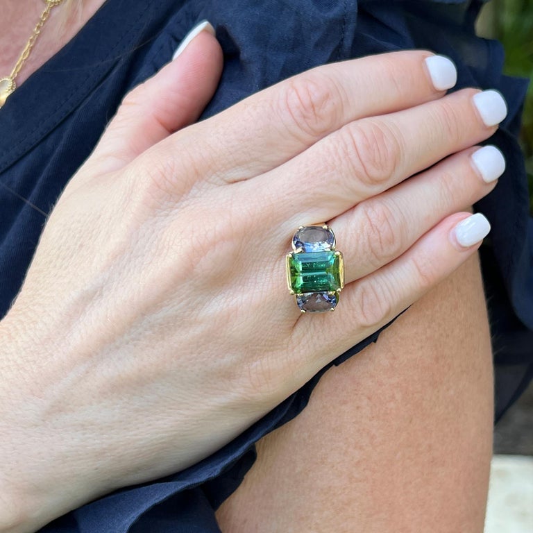Emerald Cut Green Tourmaline Tanzanite 18 Karat Yellow Gold Cocktail ...