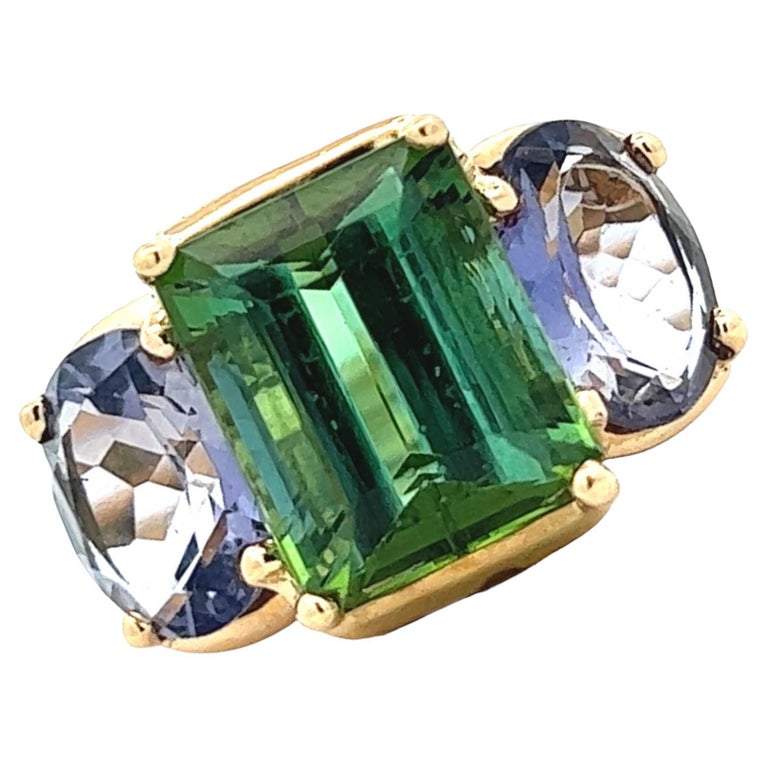 Emerald Cut Green Tourmaline Tanzanite 18 Karat Yellow Gold Cocktail ...