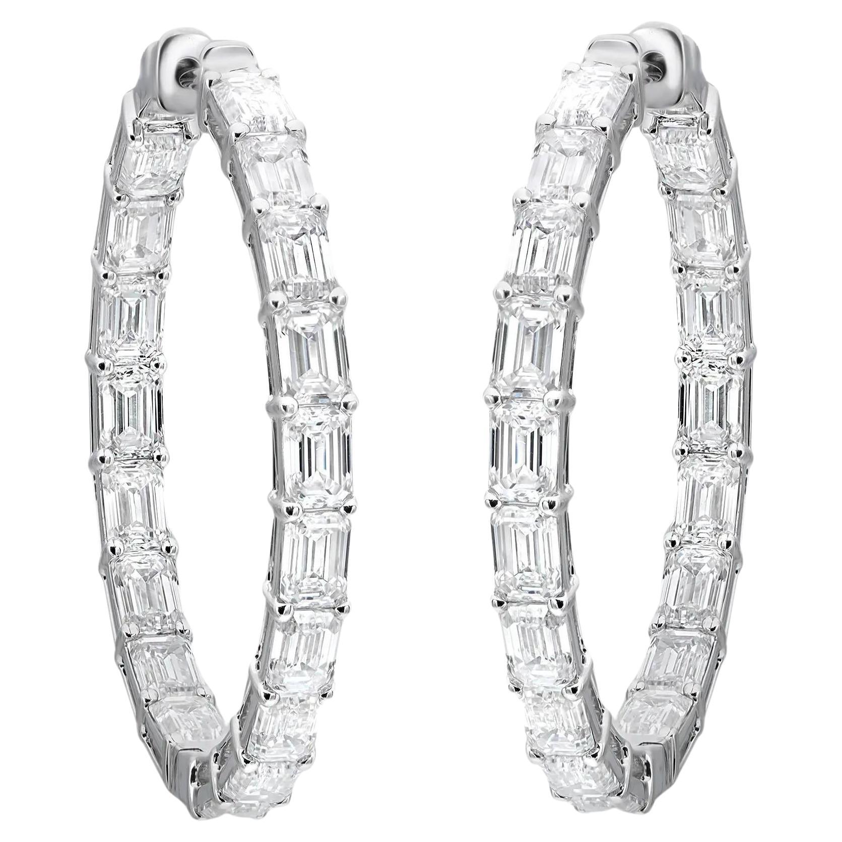 Emerald Cut Lab Grown Diamond Hoop Earrings 14K White Gold 7.76Cttw For ...