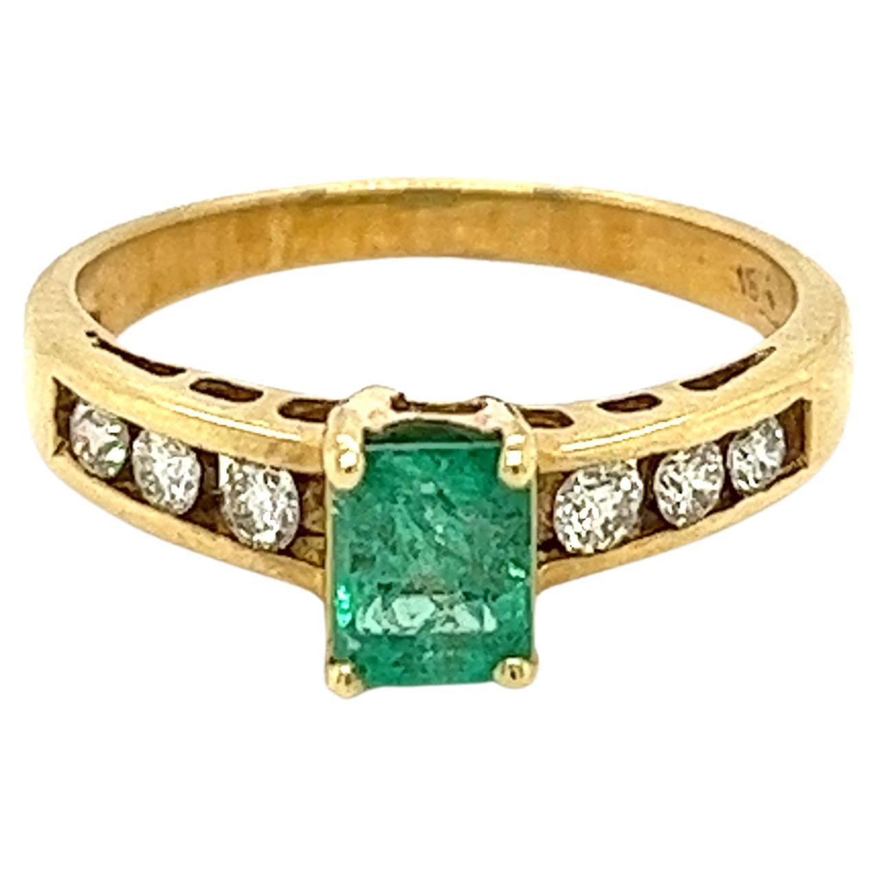 Emerald Cut Natural Emerald and Channel Set Diamond in 18k Yellow Gold ...