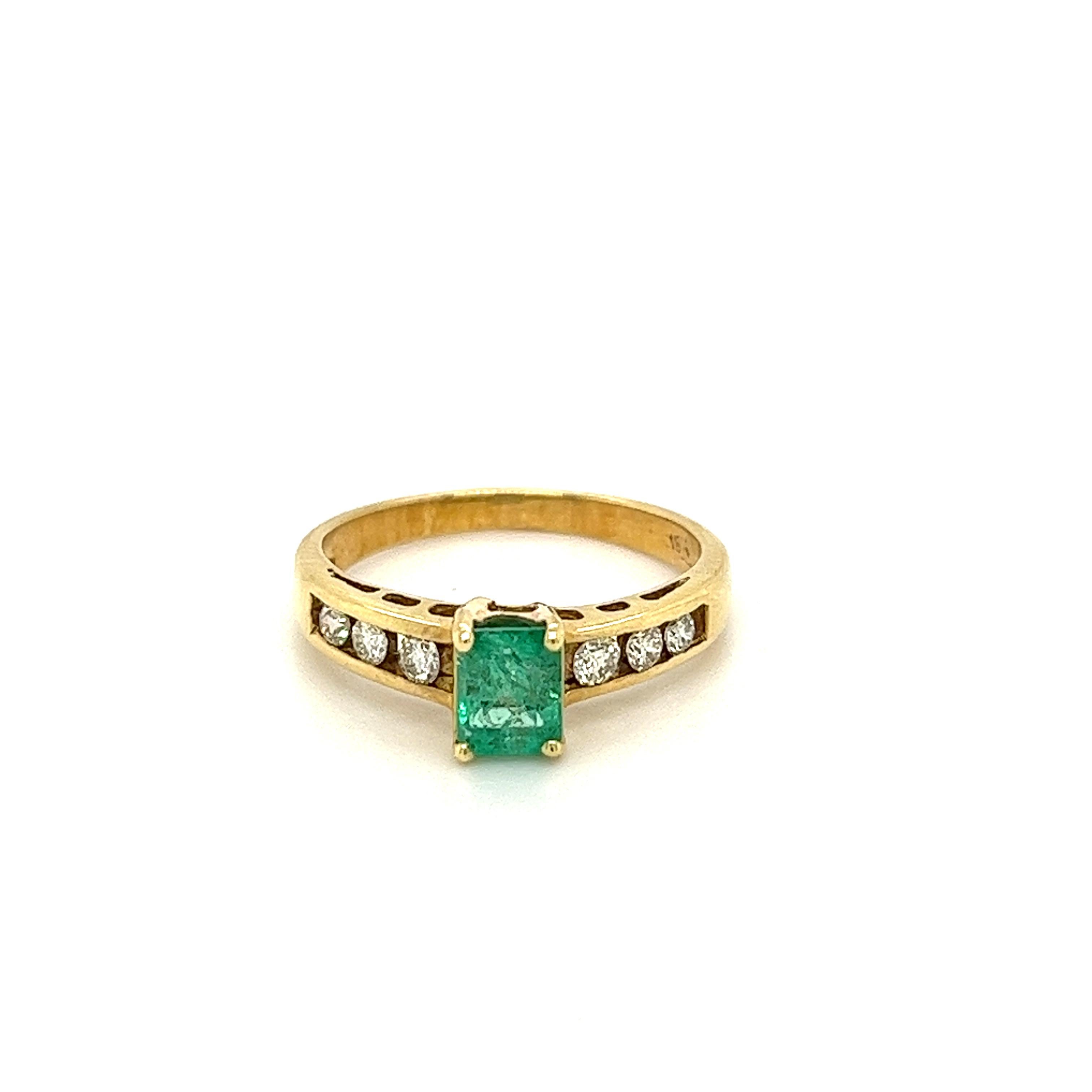 Emerald Cut Natural Emerald and Channel Set Diamond in 18k Yellow Gold ...
