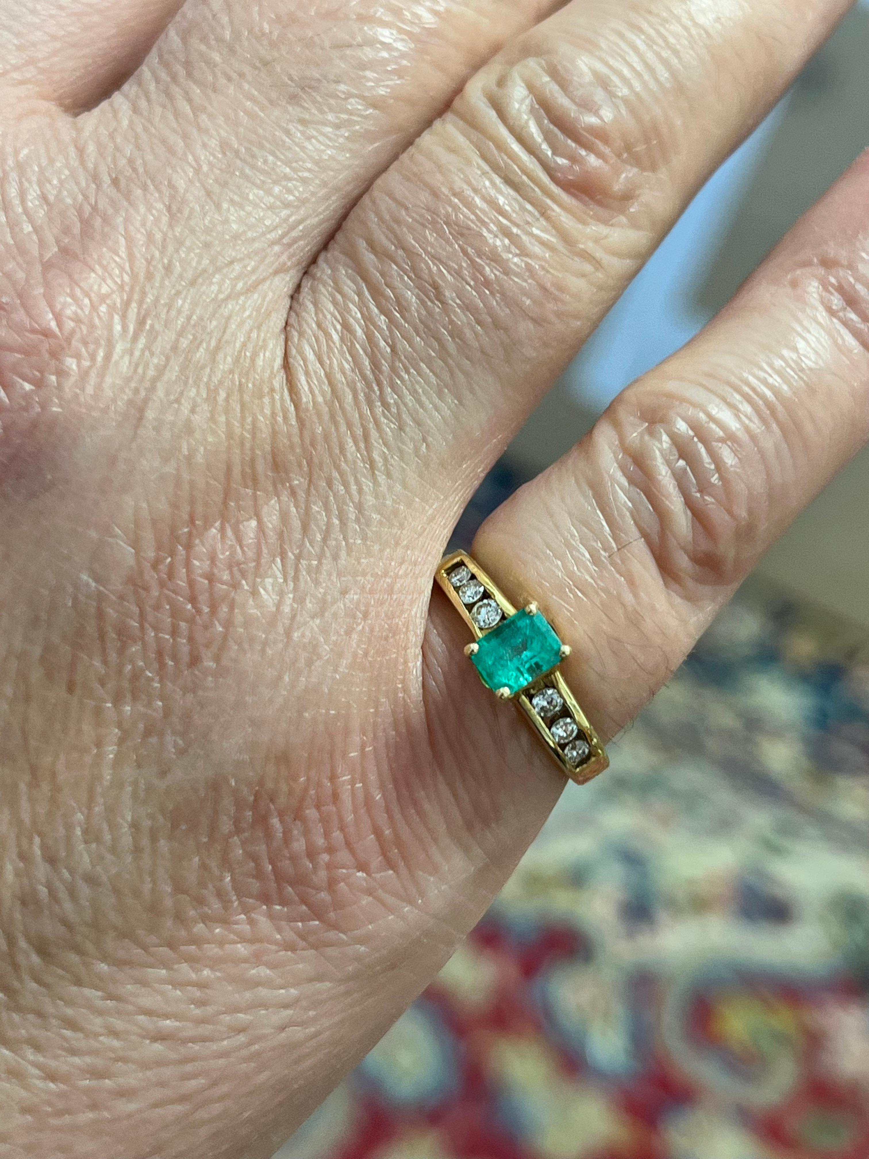 Emerald Cut Natural Emerald and Channel Set Diamond in 18k Yellow Gold ...