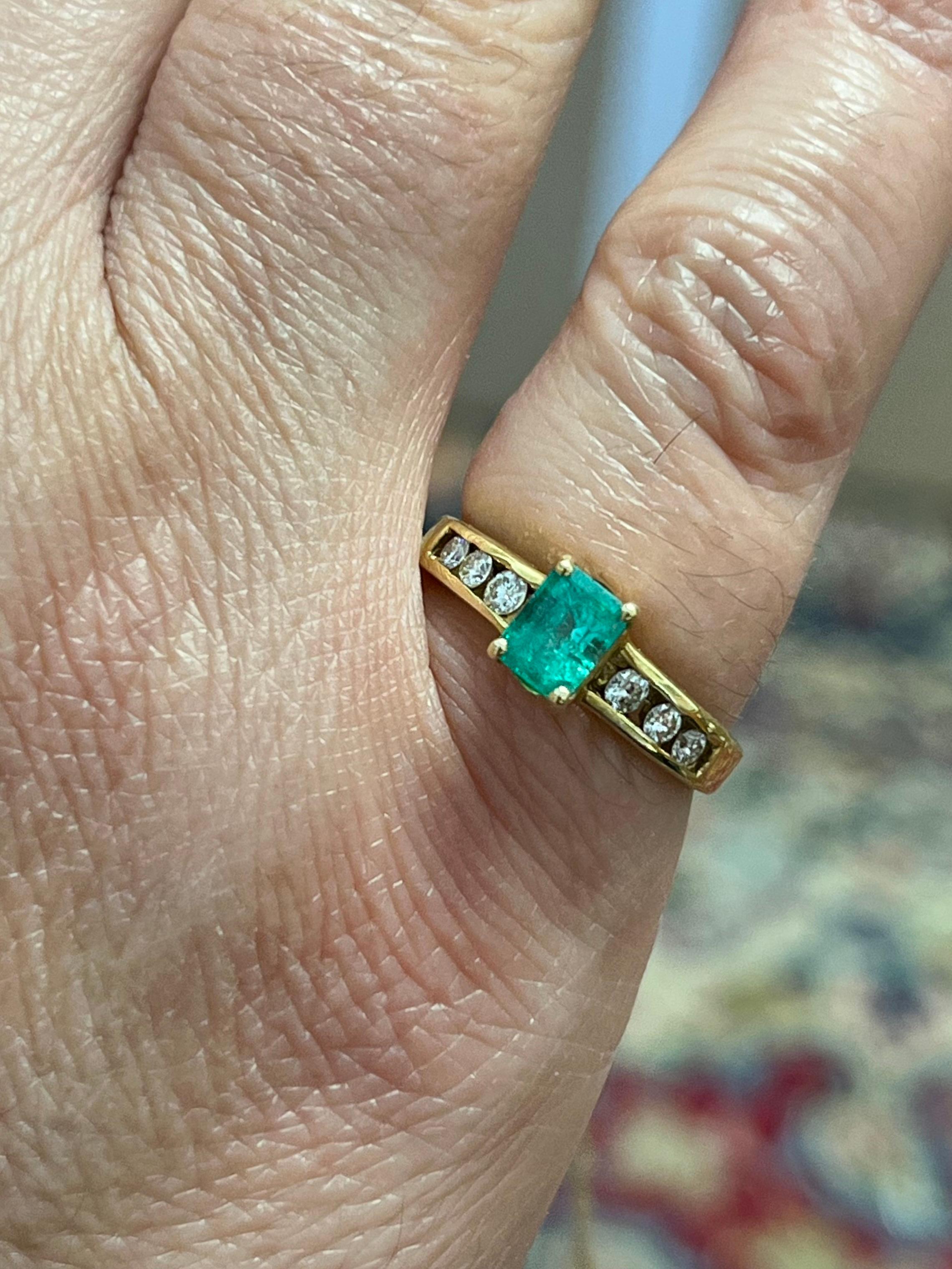 Emerald Cut Natural Emerald and Channel Set Diamond in 18k Yellow Gold ...