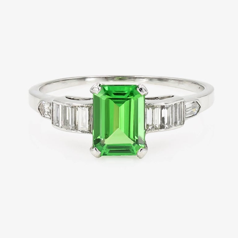 Emerald Cut Natural Tsavorite and Baguette Diamond Ring in Platinum at ...