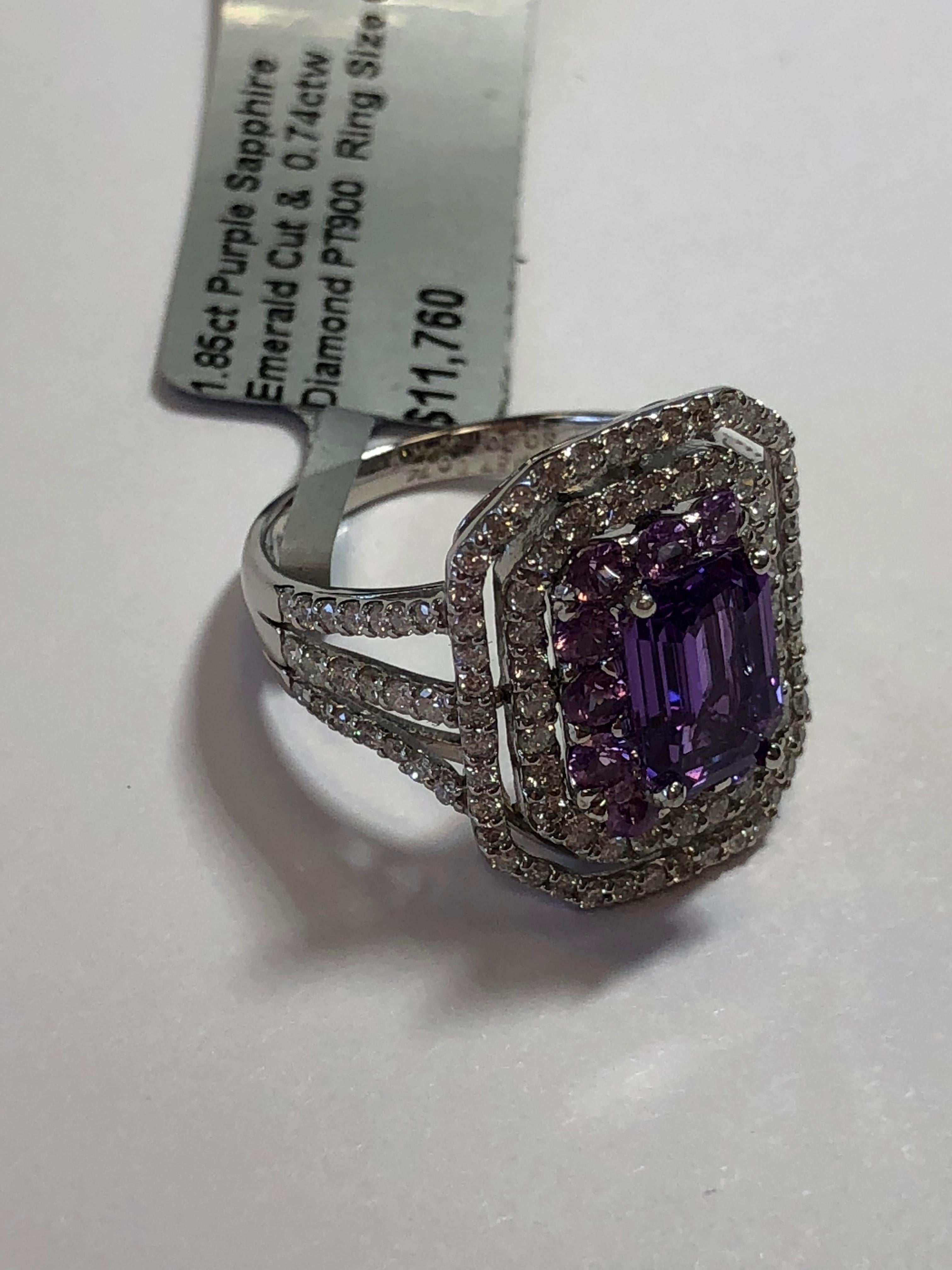 Emerald Cut Purple Sapphire and Diamond Cocktail Ring in Platinum at ...