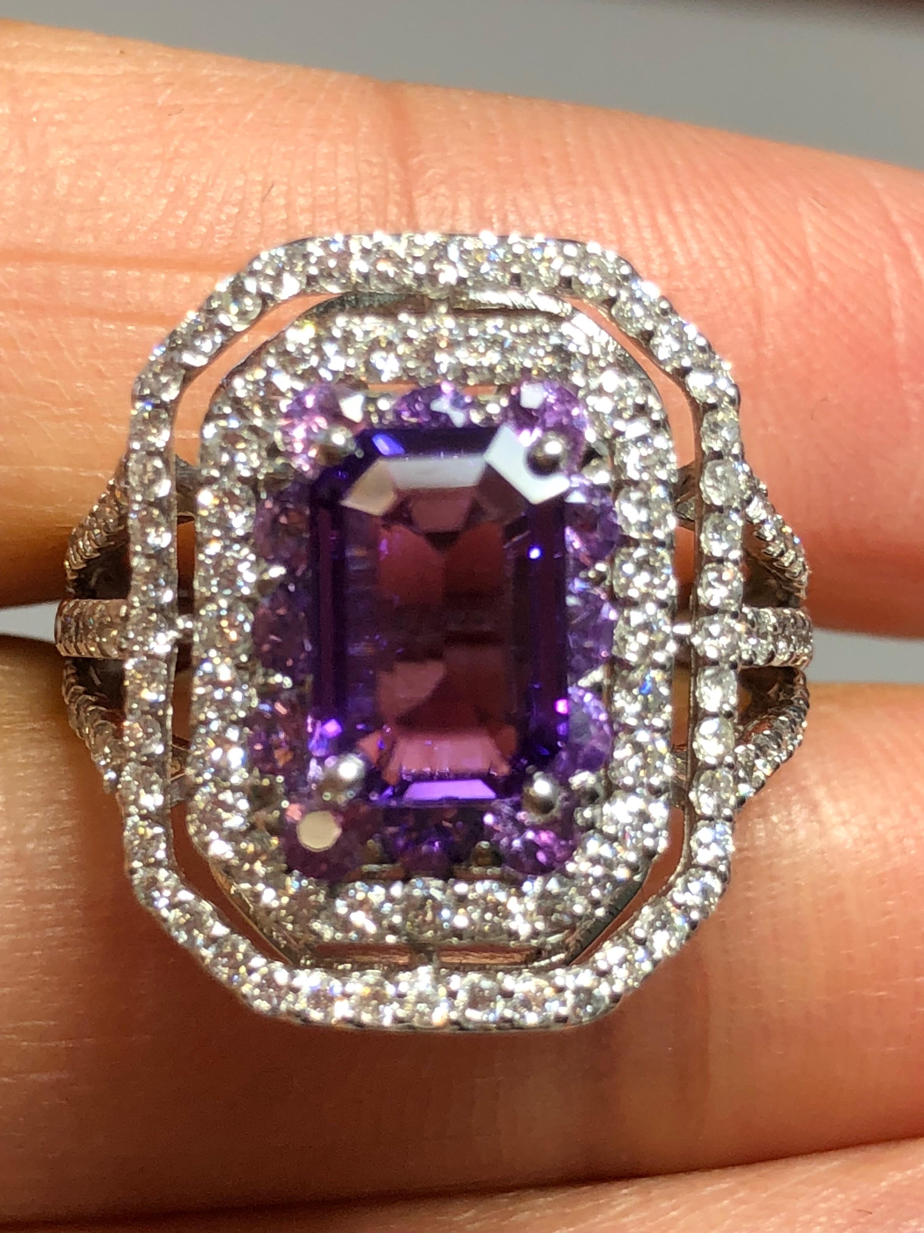 Emerald Cut Purple Sapphire and Diamond Cocktail Ring in Platinum at ...