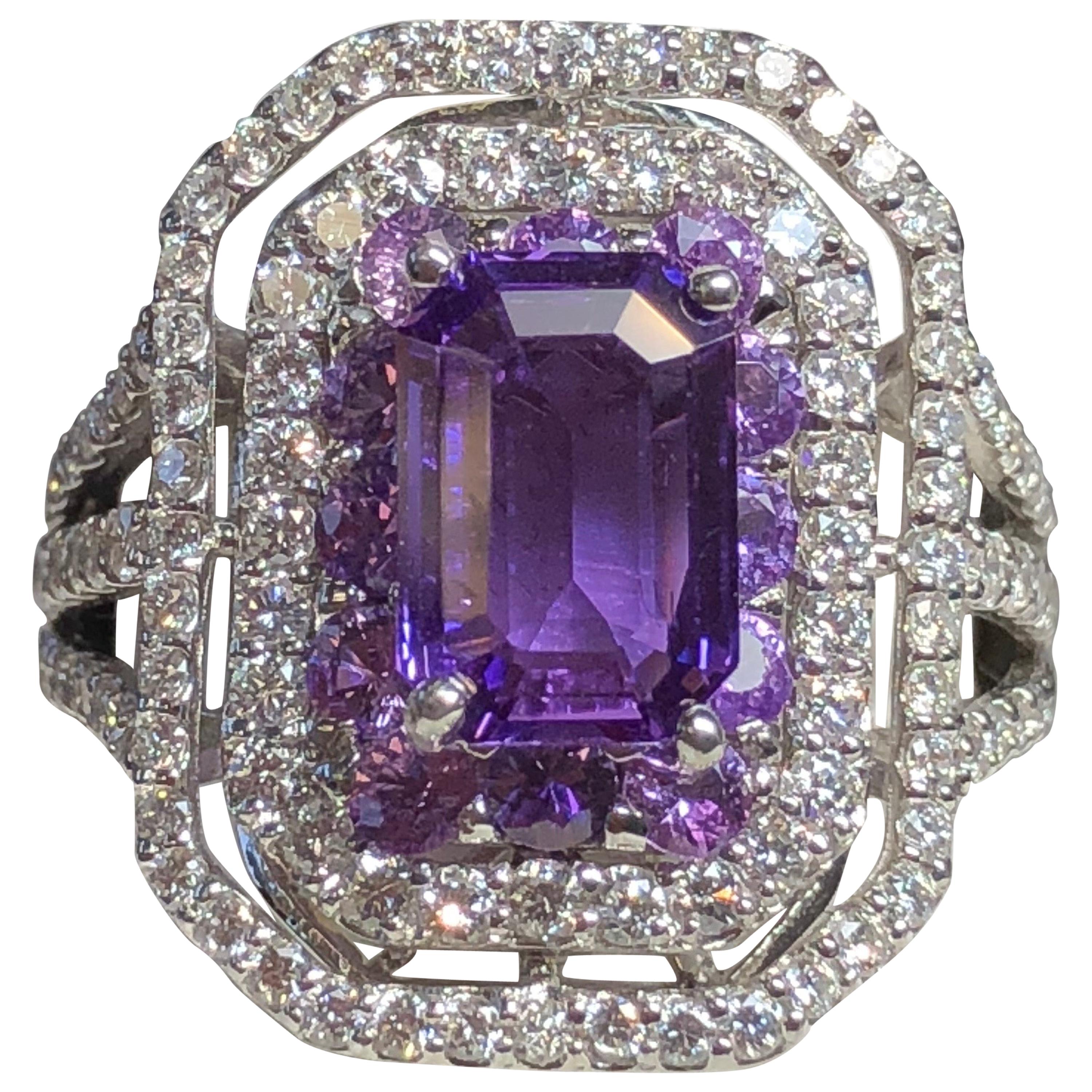 Emerald Cut Purple Sapphire and Diamond Cocktail Ring in Platinum at ...