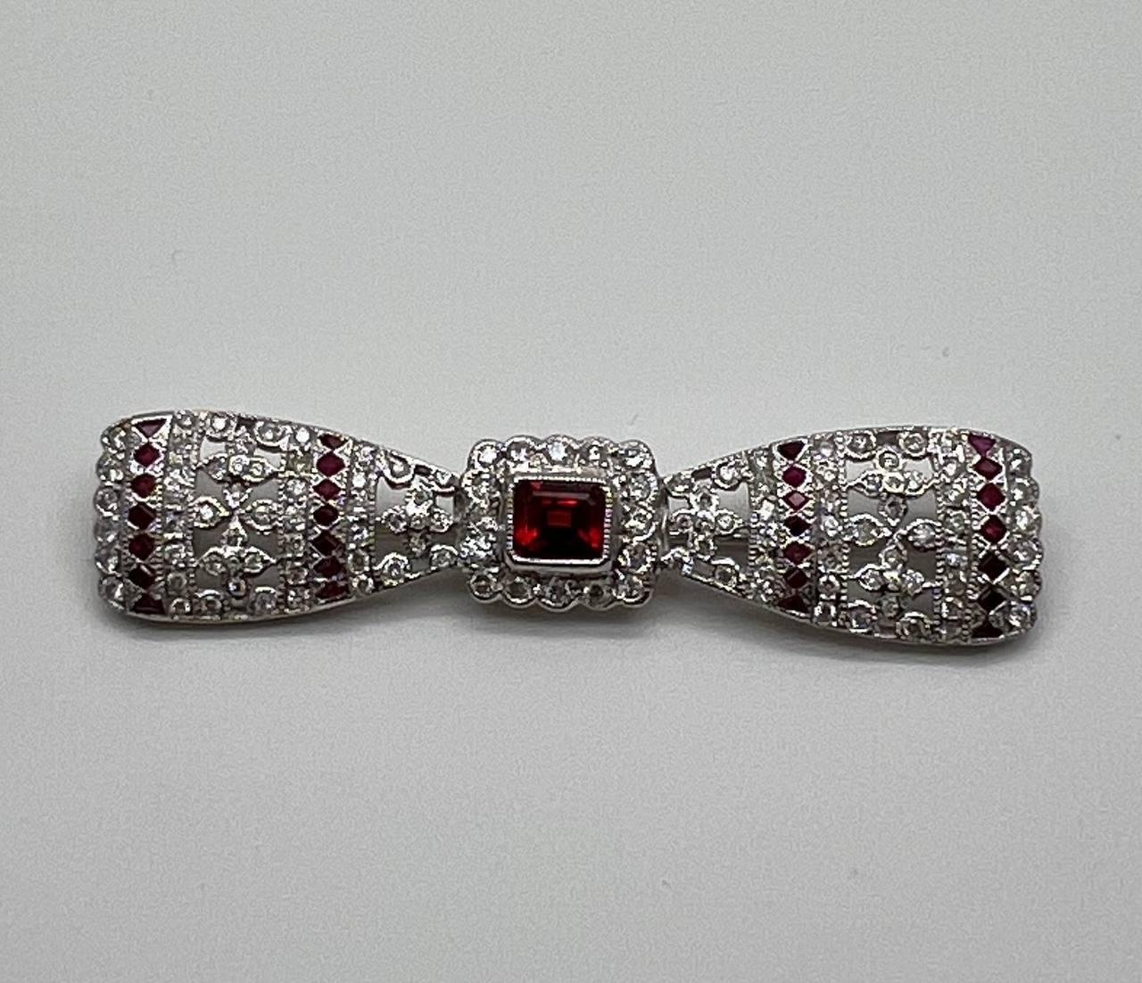 Emerald Cut Red Ruby White Diamond Filigree 18 Karat White Gold Brooch ...