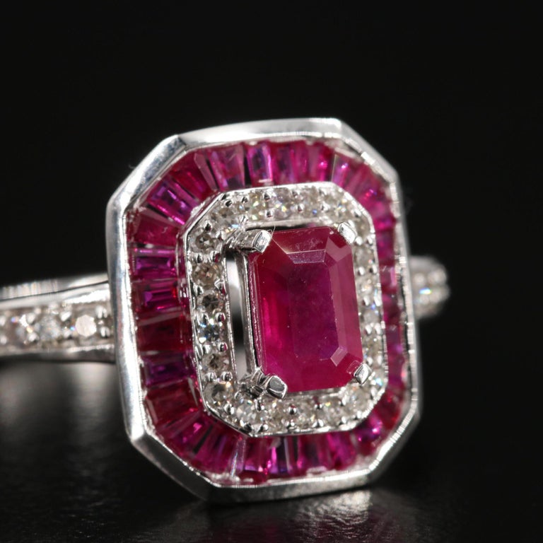 Customizable Emerald Cut Ruby Diamond Engagement Ring Art Deco Halo ...