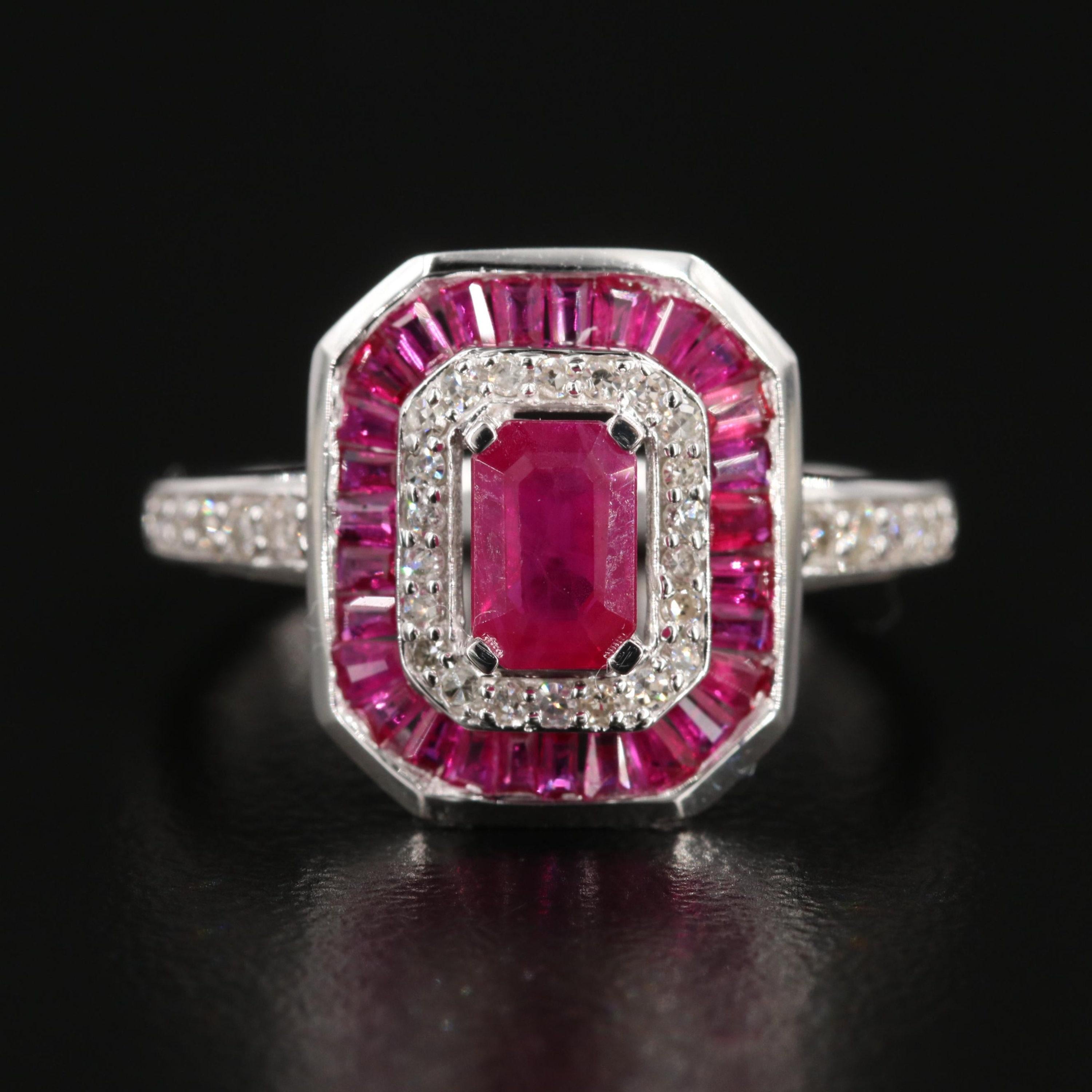 Customizable Emerald Cut Ruby Diamond Engagement Ring Art Deco Halo ...