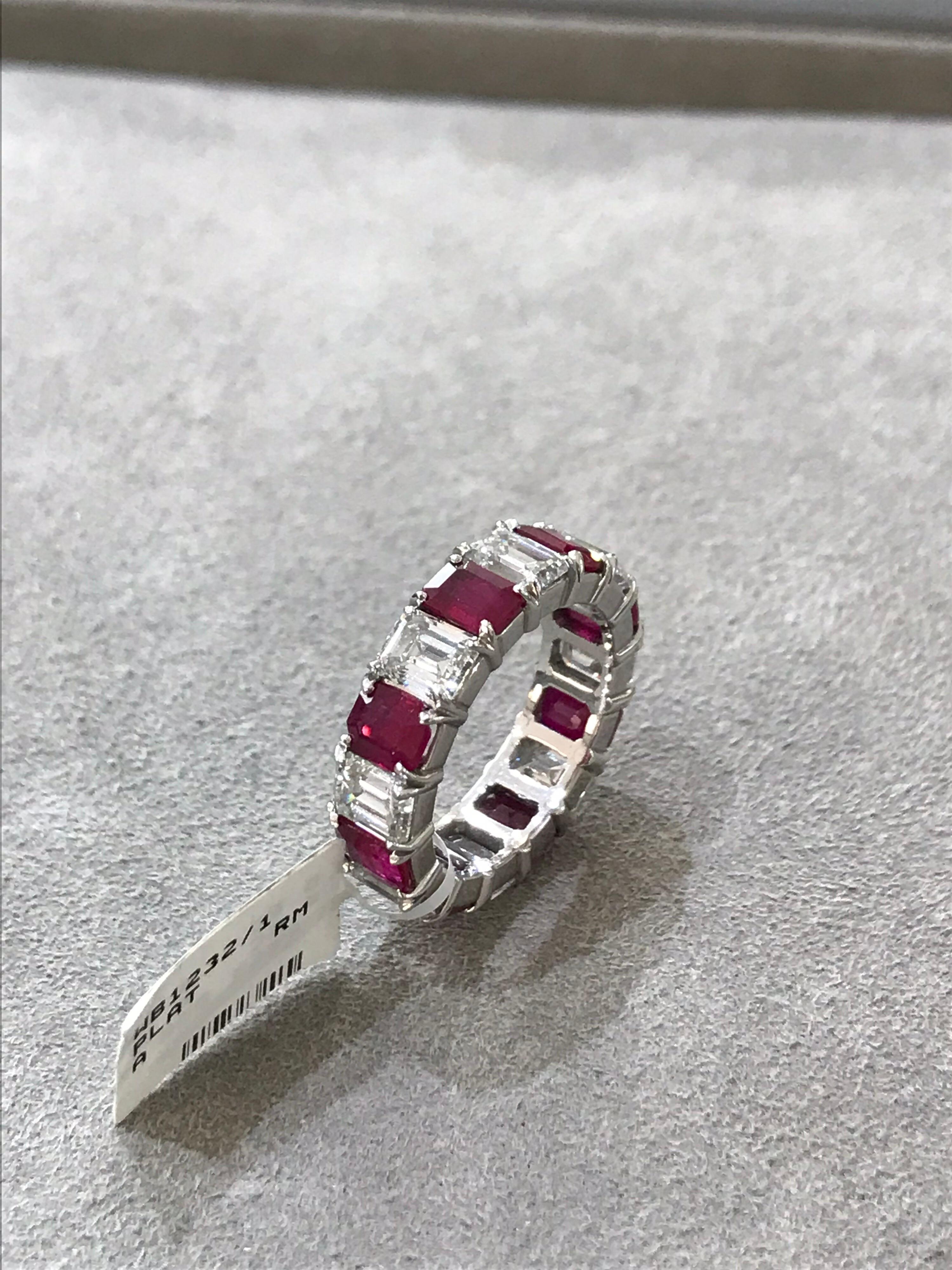 8.27 Carats Total Alternating Emerald Cut Ruby and Diamond Eternity Wedding Band For Sale at ...