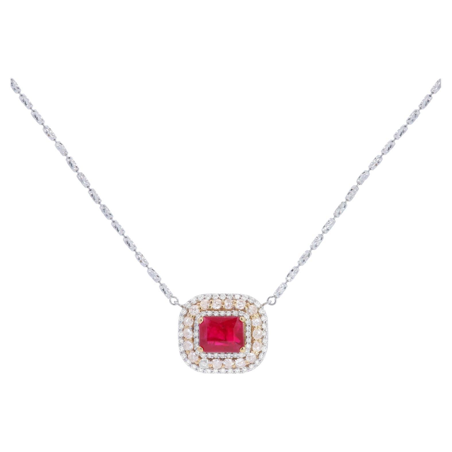 Emerald Cut Ruby Diamond Triple Halo Two Tone Pendant 14K Yellow White ...