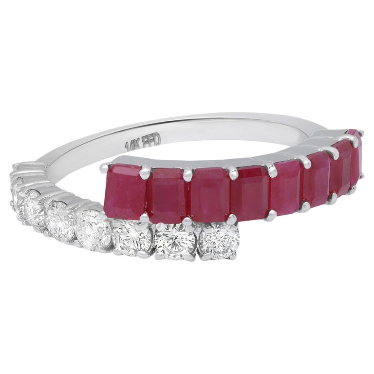 Emerald Cut Ruby and Round Diamond Ladies Ring 14K White Gold For Sale ...