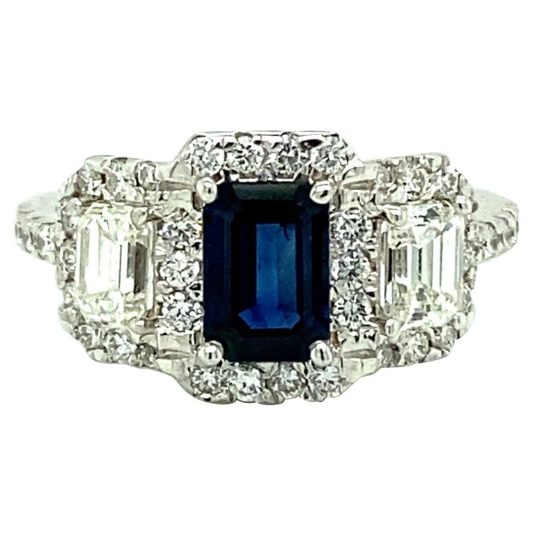 Emerald Cut Sapphire and Diamond Ring, 18kt White Gold Engagement Ring ...