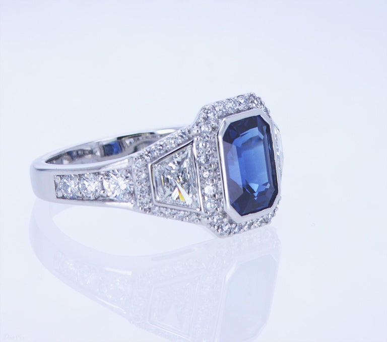 Customizable Emerald Cut Sapphire Ring with Trapezoid Diamonds For Sale ...