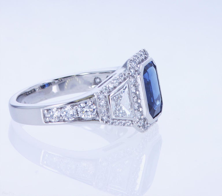 Customizable Emerald Cut Sapphire Ring with Trapezoid Diamonds For Sale ...
