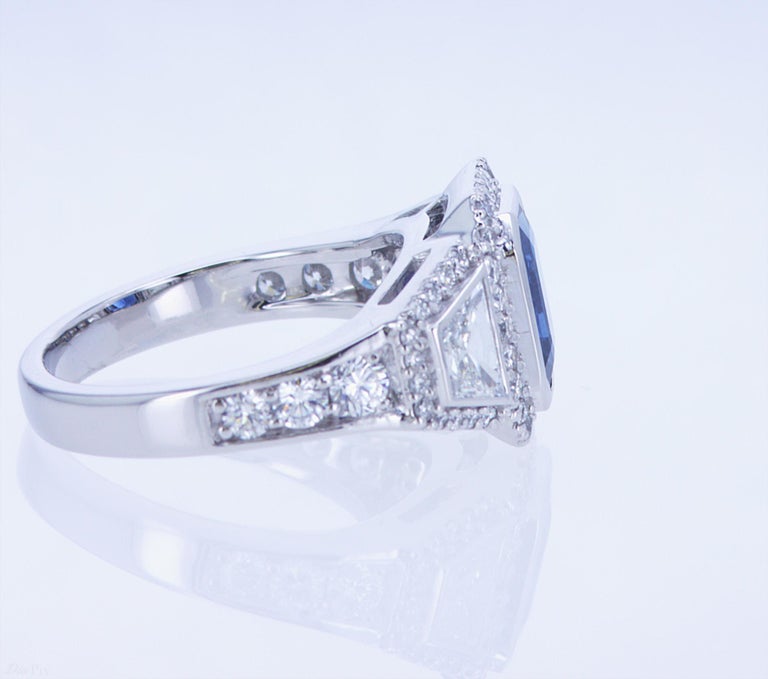 Customizable Emerald Cut Sapphire Ring with Trapezoid Diamonds For Sale ...