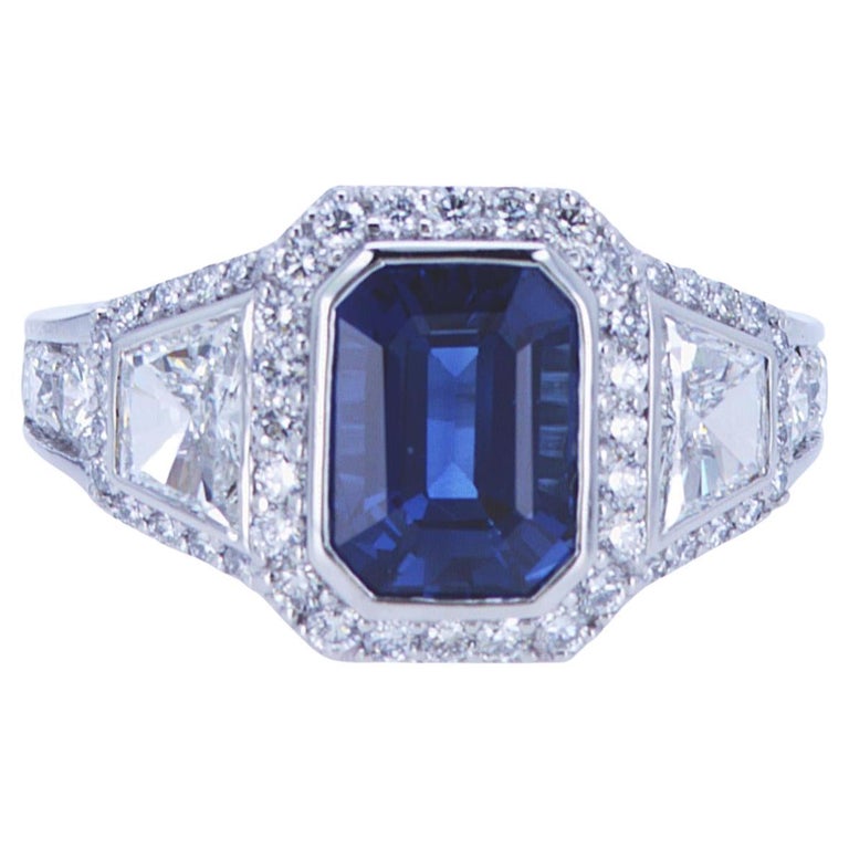 Customizable Emerald Cut Sapphire Ring with Trapezoid Diamonds For Sale ...