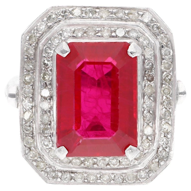 Emerald Cut Ruby Gemstone Ring Diamond 18 Karat Gold Silver Handmade ...