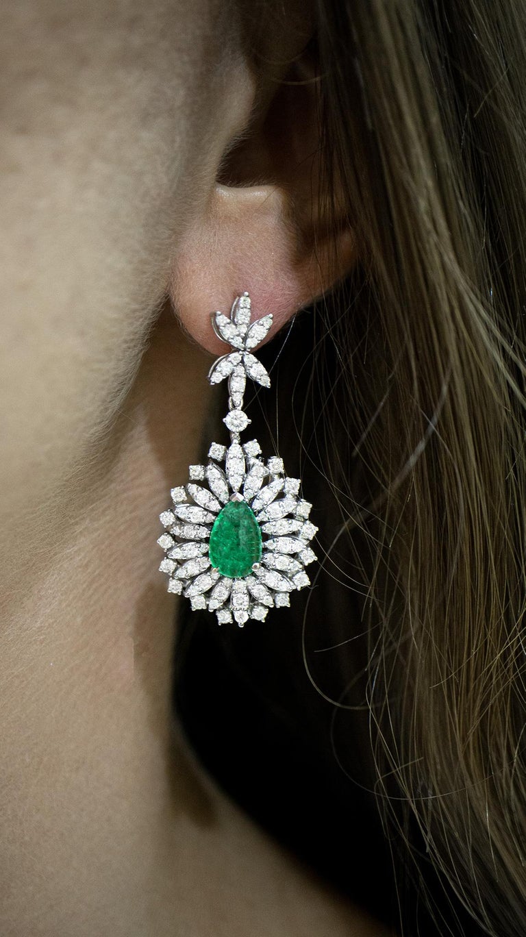Emerald Dangle Earrings 4.04 Carats Set with Diamonds 3.37 Carats 18K ...