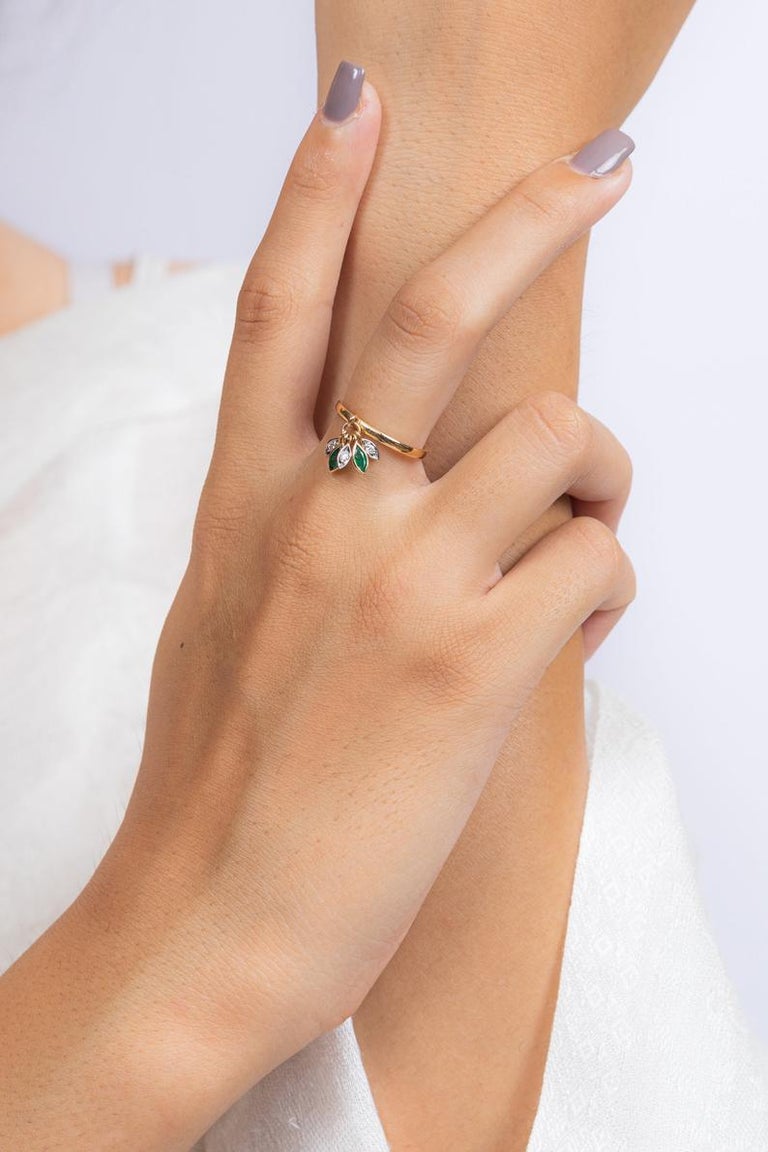 Emerald Diamond 14 Karat Gold Grass Dew Drop Ring For Sale at 1stDibs