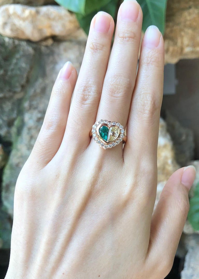 Emerald, Diamond and Brown Diamond Heart Ring Set in 18 Karat Rose Gold ...