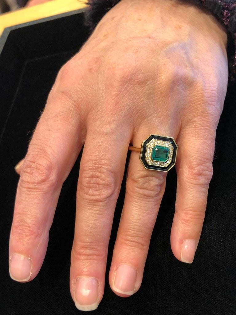 Emerald, Diamond and Enamel Museum Series Ring at 1stDibs
