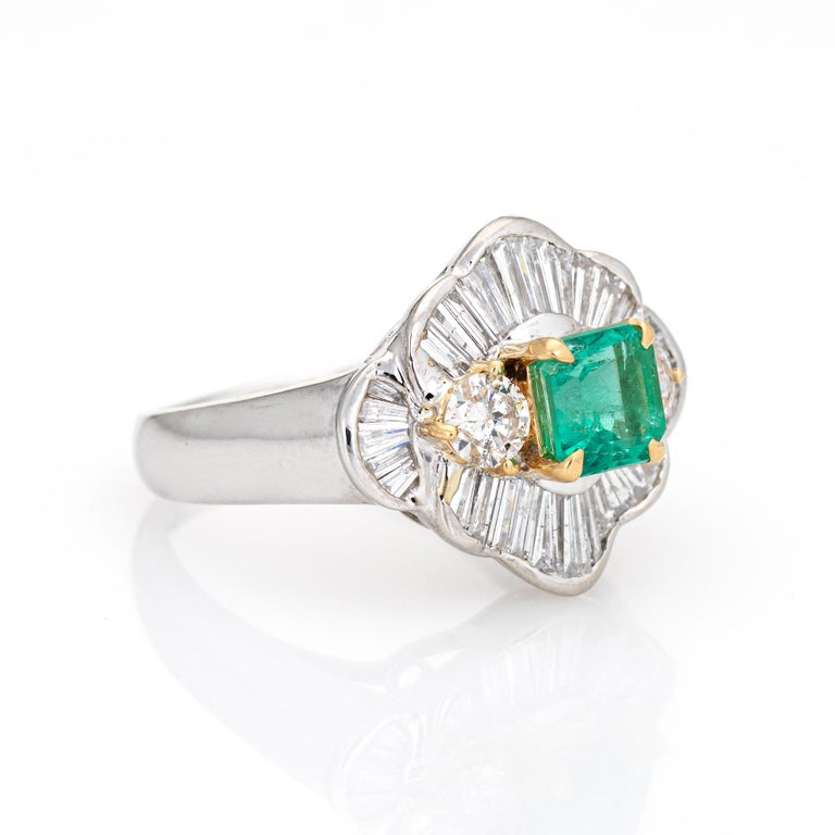 Emerald Diamond Cocktail Ring Estate Platinum 18k Gold Mixed Cut Fine ...