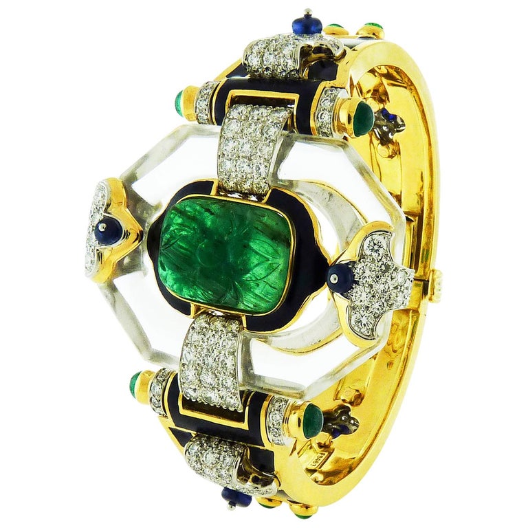 David Webb Emerald Diamond Cross River Bracelet For Sale at 1stDibs