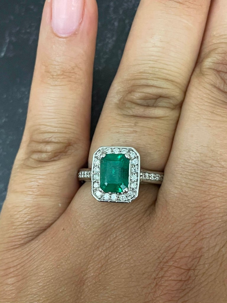 Emerald Diamond Halo Ring Vintage Antique 14K White Gold Channel Set Band For Sale at 1stDibs